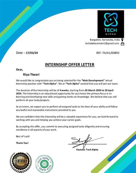 Riya Tiwari On Linkedin Techalpha Internshipjourney Offerletter