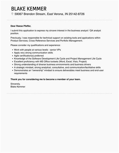 Business Analyst QA Analyst Cover Letter Velvet Jobs