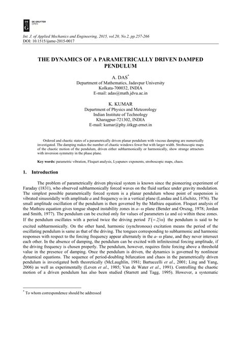 Pdf The Dynamics Of A Parametrically Driven Damped Pendulum