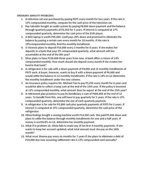 Ordinary Annuity Problems Pdf Interest Down Payment