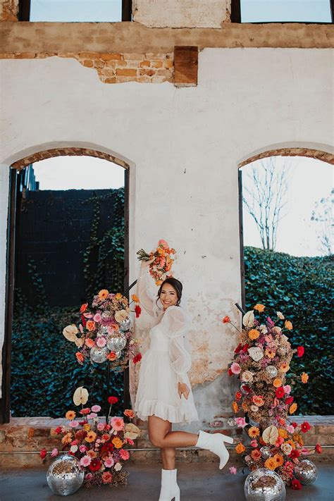 This Groovy Mod Disco Themed Wedding Is Full Of Flowers And Creative Backdrop Ideas 100 Layer