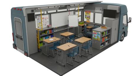Mobile Classroom Bus Interior Featuring Desks Whiteboard And Shelves