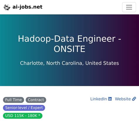 Hiring Hadoop Data Engineer Onsite In Charlotte North Carolina United States Raimljobs
