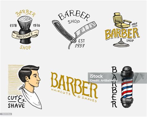 이발소 배지 및 레이블과 Hipster 엠 블 럼의 집합입니다 사람 아이콘에 대 한 도구입니다 수염과 콧수염의의 발 브러쉬 고 면도칼 면도 대 한입니다 오래 된 빈티지