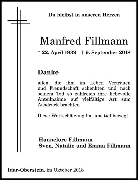 Traueranzeigen Von Manfred Fillmann Rz Trauerde