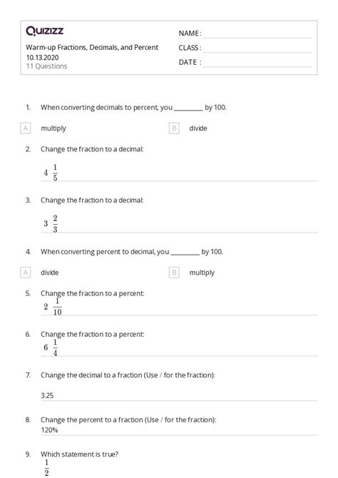 50 Converting Decimals And Fractions Worksheets For 3rd Year On Quizizz Free And Printable