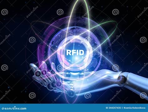 Rfid Radio Frequency Identification Illustrated With A Robot Hand Pressing A Button On A Virtual