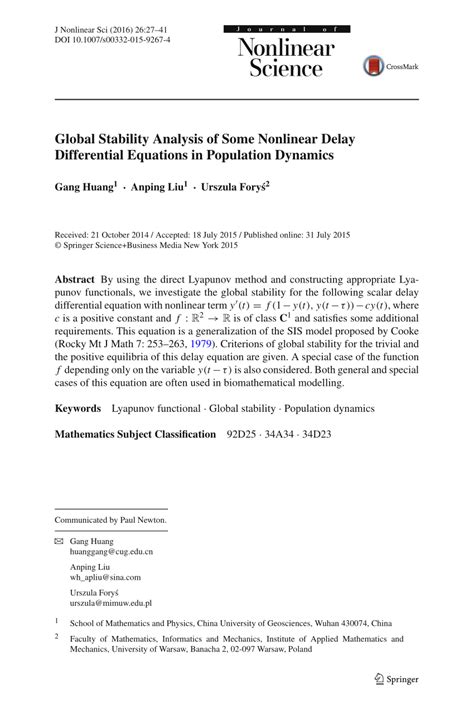PDF Global Stability Analysis Of Some Nonlinear Delay Differential Equations In Population