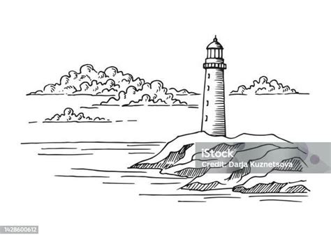 바다 경치 등대 손으로 그린 그림이 벡터로 변환되었습니다 바다 해안 그래픽 풍경 스케치 일러스트 레이 션 벡터 등대에 대한 스톡 벡터 아트 및 기타 이미지 Istock