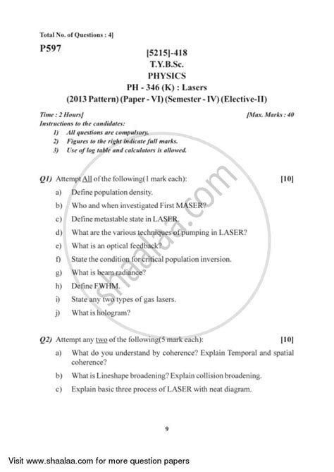 Lasers 2017 2018 B Sc Physics Semester 6 Tybsc 2013 Pattern Question Paper With Pdf Download