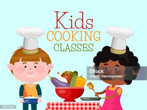 요리사 아이 요리 클래스 벡터 일러스트 소년과 소녀는 음식을 요리하고 있습니다 웃는 아이들이 식탁에 서 있다 가정 주방에 대한 스톡 벡터 아트 및 기타 이미지 Istock