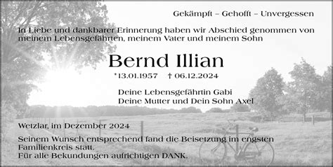 Traueranzeigen Von Bernd Illian Vrm Trauer De