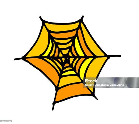 검은 윤곽선이 있는 주황색 거미줄의 벡터 텍스처입니다 할로윈 휴일 디자인 템플릿을위한 웹의 검은 윤곽 선안에 오렌지와 노란색 색상으로 채워진 낙서 스타일의 손으로 그린 거미