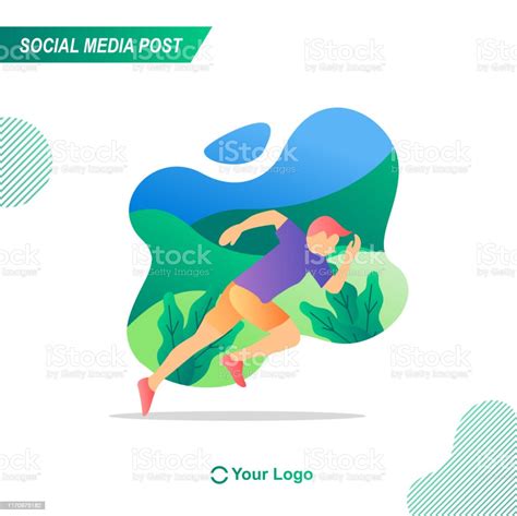 컨셉 일러스트 러닝 맨은 스포츠웨어를 입고 풍경 훈련에서 조깅 건강한 액티브 스피드 운동 소셜 미디어 템플릿 배너 전단지만화 벡터 일러스트레이션 개념에 대한 스톡 벡터 아트