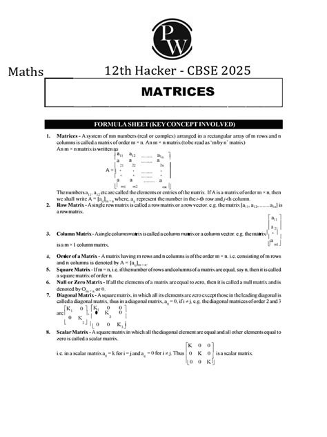Matrices Formula Sheet 12th Math For Boards Pdf Matrix