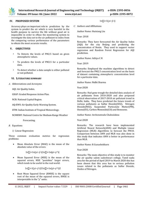 Air Quality Monitoring System Using Linear Regression And Machine Learning Pdf