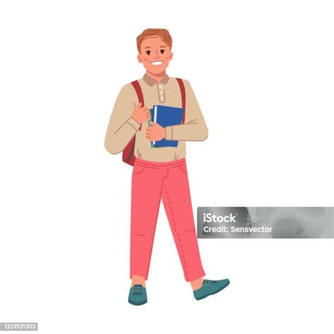 배낭을 쓰고 책을 손에 들고 있는 소년은 학교에 걸어다니는 고립된 십대 전 인물 수업과 수업 교육 및 어린이를위한 지식을 습득 플랫 만화 캐릭터 벡터 배낭에 대한 스톡 벡터