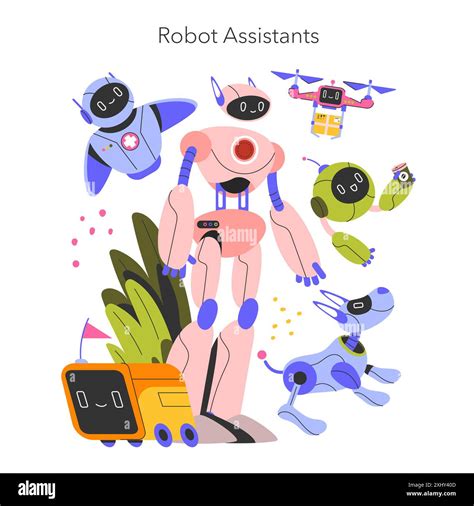 Robot Assistants Concept Illustration Showcasing Diverse Androids For