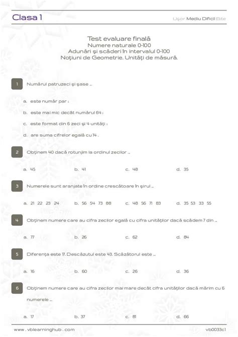 Clasa 1 Test Evaluare Finală Matematică Conține 3 Pagini Mediu Dificil Vb Learning Hub