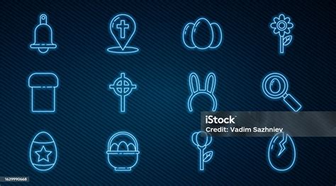 깨진 달걀 검색 및 부활절 부활절 달걀 기독교 십자가 케이크 울리는 종 긴 토끼 귀가 있는 마스크 및 지도 포인터 기독교 아이콘을 설정합니다 벡터 0명에 대한 스톡 벡터