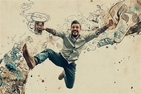 Joyful Leap Smiling Guy In Giant Arm With Coffee Cup Premium Ai Generated Image