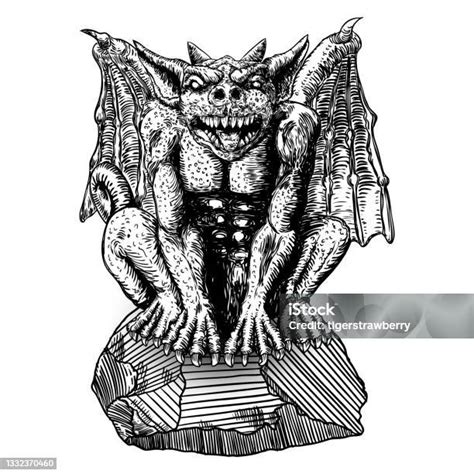 신화의 고대 가고일 생물은 박쥐 날개와 뿔키메라처럼 인간과 용을 생물 날카로운 송곳니와 발톱이 돌위에 앉은 신화적인 가구유