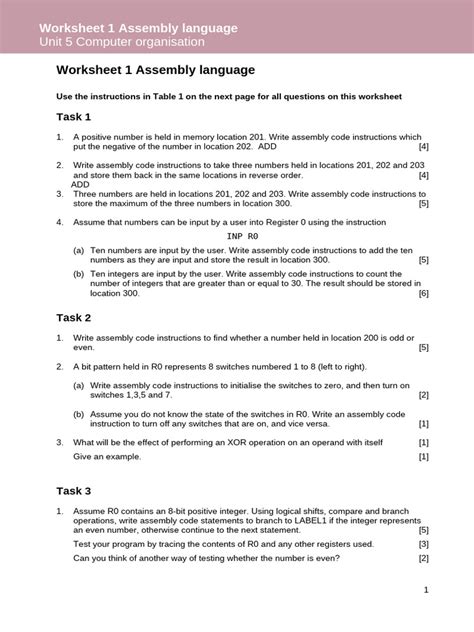 Assembly Language Worksheet 1 Pdf Assembly Language Computer