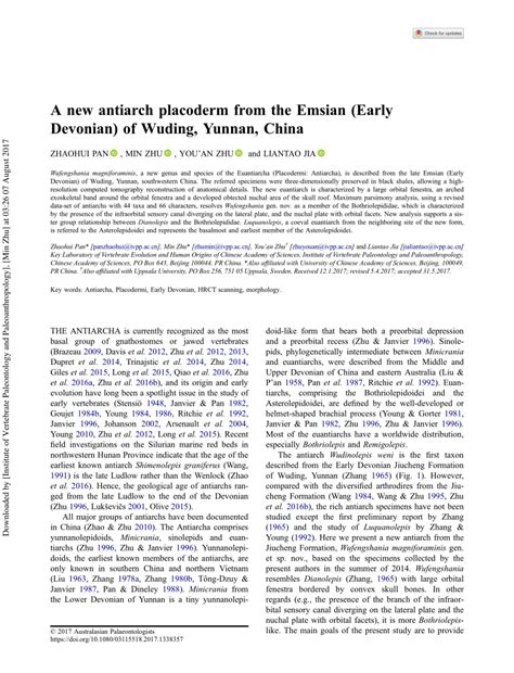 Pdf A New Antiarch Placoderm From The Emsian Early Devonian Of Wuding Yunnan China