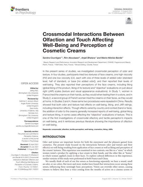 Pdf Crossmodal Interactions Between Olfaction And Touch Affecting Well Being And Perception Of