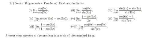 Solved 1 Limits Trigonometric Functions Evaluate The