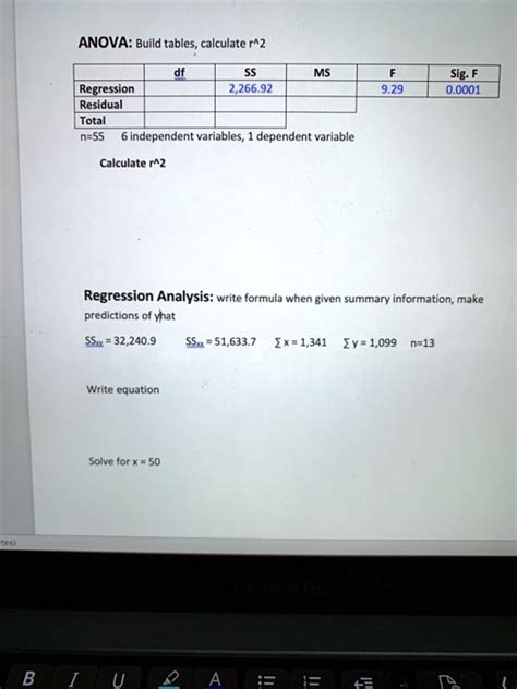 Solved Anova Build Tables Calculate R2 Ms Sig 00001 Regression 226692 Residual Total 0