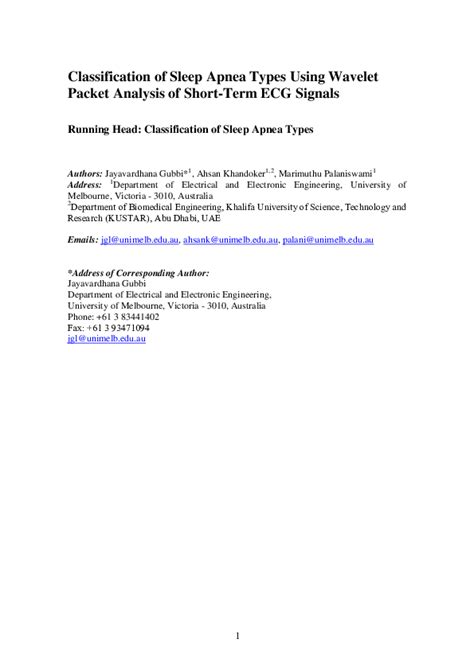 Pdf Classification Of Sleep Apnea Types Using Wavelet Packet Analysis Of Short Term Ecg Signals