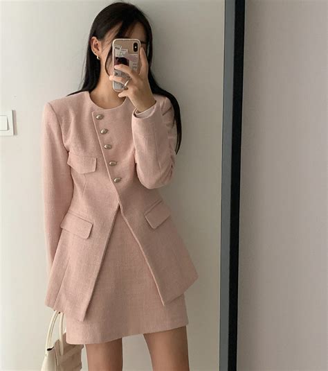 어나더포유 Set 사선 노카라 자켓 미니스커트 트위드 투피스 셋업 2color 어나더포유