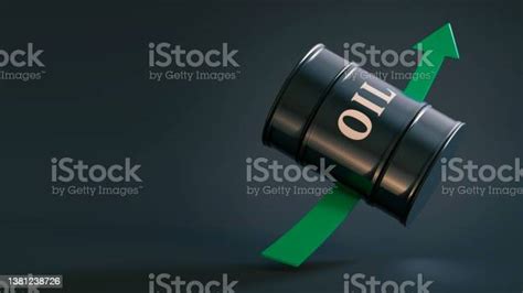 오일이라고 표시된 배럴은 텍스트 또는 로고를 위한 공간이 있는 어두운 배경을 가리키는 녹색 화살표아래로 미끄러져 있습니다 3d