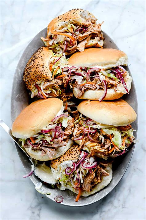 Slow Cooker Pulled Pork Sandwiches With Crunchy Slaw Foodiecrush