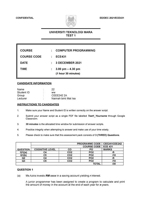 Revision 1223345 2022 Universiti Teknologi Mara Test 1 Course