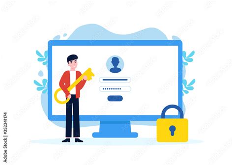 Vetor De Man With Key Near Computer And Account Login And Password