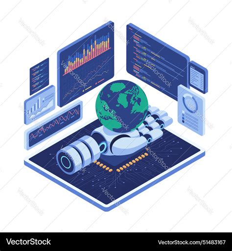Isometric Ai Robot Holding World With Global Data Vector Image