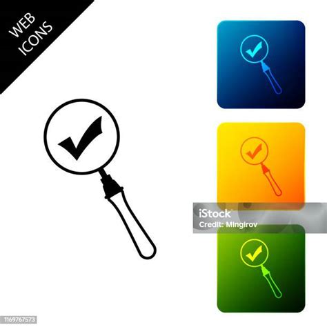 돋보기 및 확인 표시 아이콘이 분리되었습니다 돋보기 및 승인 확인 완료 진드기 완성 된 기호 설정 아이콘 다채로운 사각형 버튼 벡터 일러스트레이션 개념에 대한 스톡 벡터