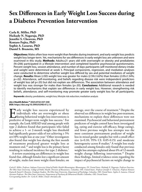 Pdf Sex Differences In Early Weight Loss Success During A Diabetes Prevention Intervention