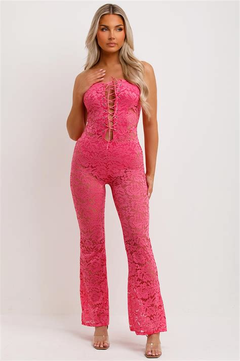 Lace Jumpsuit With Skinny Flared Legs Pink Festival Going Out Outfit