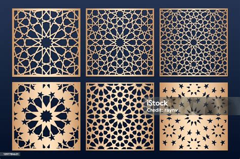 이슬람 알함브라 패턴으로 설정된 레이저 컷 패널 템플릿 종이 금속 목재 절단에 사용할 수 있습니다 아랍어 스텐실 패턴 전통적인 이슬람 장식품 0명에 대한 스톡 벡터 아트 및