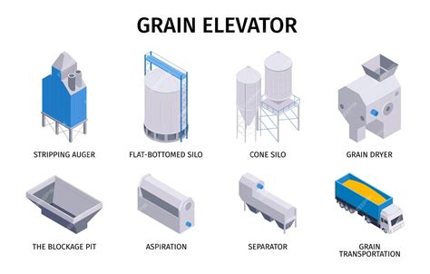 빈 배경 벡터 그림에 사일로 구덩이 분리기 공장 장치가 있는 격리된 아이콘의 아이소메트릭 곡물 엘리베이터 세트 무료 벡터