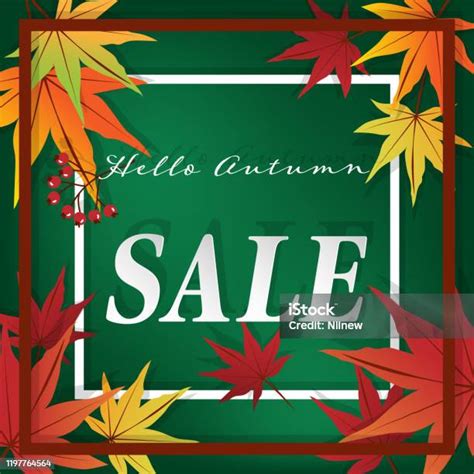 녹색 배경에 열매와 가을 단풍 프레임 안녕하세요 가을 판매 텍스트의 가을 꽃 배경입니다 특별 가을 세일 배너 벡터 그림입니다 9월에 대한 스톡 벡터 아트 및 기타 이미지