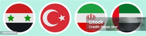 다른 나라의 국기 흰색 백킹에 스티커 세트 벡터 아이콘의 컬렉션입니다 격리된 배경입니다 시리아 터키 이란 아랍에미리트 국가의 국가 상징 시리아에 대한 스톡 벡터 아트 및