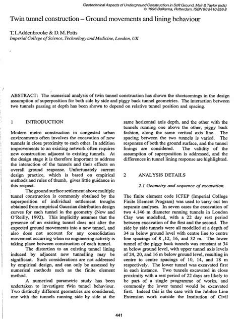 Twin Tunnel Construction Ground Movements And Lining Behaviour Pdf Tunnel Youngs Modulus