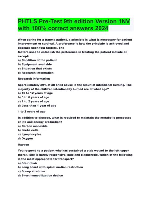 Phtls Pre Test 9th Edition Version 1nv With 100 Correct Answers 2024 Phtls Stuvia Us
