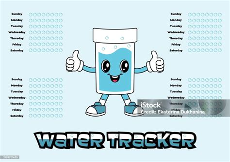 일일 물 추적기 균형 벡터 달력 습관 추적기 개념과 효과적인 계획 충분한 물 마시기 수분 공급 문제 복고풍 그루비 스타일의 귀여운 캐릭터 A4 용지에 대한 스톡 벡터 아트