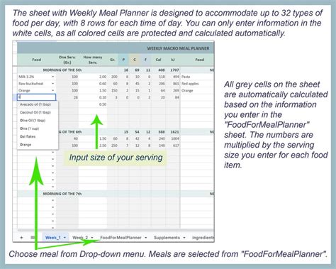 Macro Diet Meal Planner Editable Excel Template Digital Nutrition Tracker Fitness Meal Planning