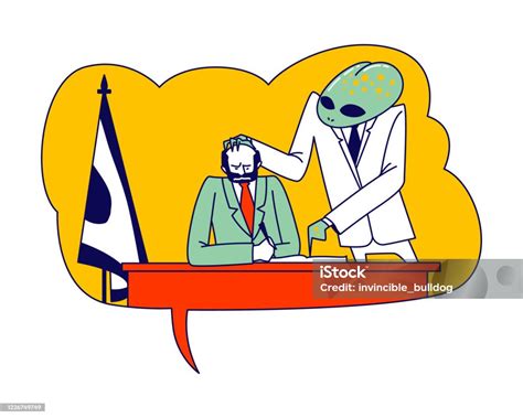 음모 이론 개념 흰색 정장 의상을 입고 외국인 캐릭터 대통령 마인드 는 정치 문서에 서명에 머리에 손을 넣어 휴머노이드 관리 세계 선형 벡터 일러스트레이션 음모론에 대한